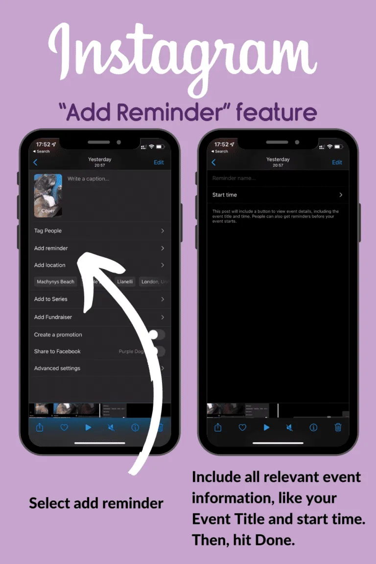 How to use the add reminder feature for Instagram feed posts - Purple Dog